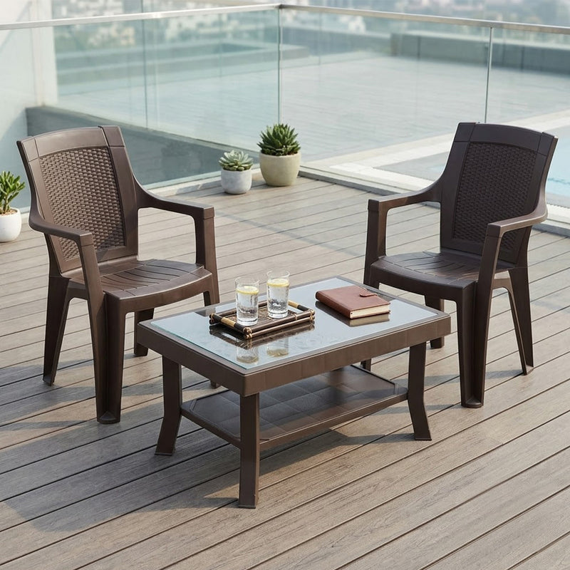 Nilkamal Mystique Chairs and Glass Top Coffee Table Plastic Outdoor Se